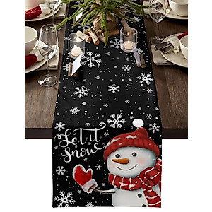 Black Snowman Christmas Table Runner 60 Inches Long, Xmas Winter Snowflake Farmhouse Dress Scarves, Classic Black Dining Tablerunner for Coffee Table/Kitchen Island/Party Christmas Décor, 13" x 60"