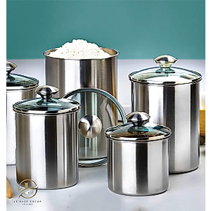 Set of 4 AIRTIGHT STAINLESS STEEL CANISTER SET for Kitchen Counter with GLASS LIDS + MARKER, LABELS, & SCOOP, Kitchen Canisters Ideal for Coffee, Flour, Sugar, Candy, Spices, Food Storage Cookie Jar
