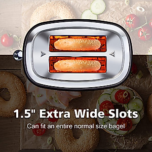 2 Slice Toaster with Cover,KETIAN Retro Stainless Steel Toasters,1.5'' Extra Wide Slot,Cancel Bagel Defrost Reheat Functions, 6 Toast Browning Settings, Removable Crumb Tray,Black