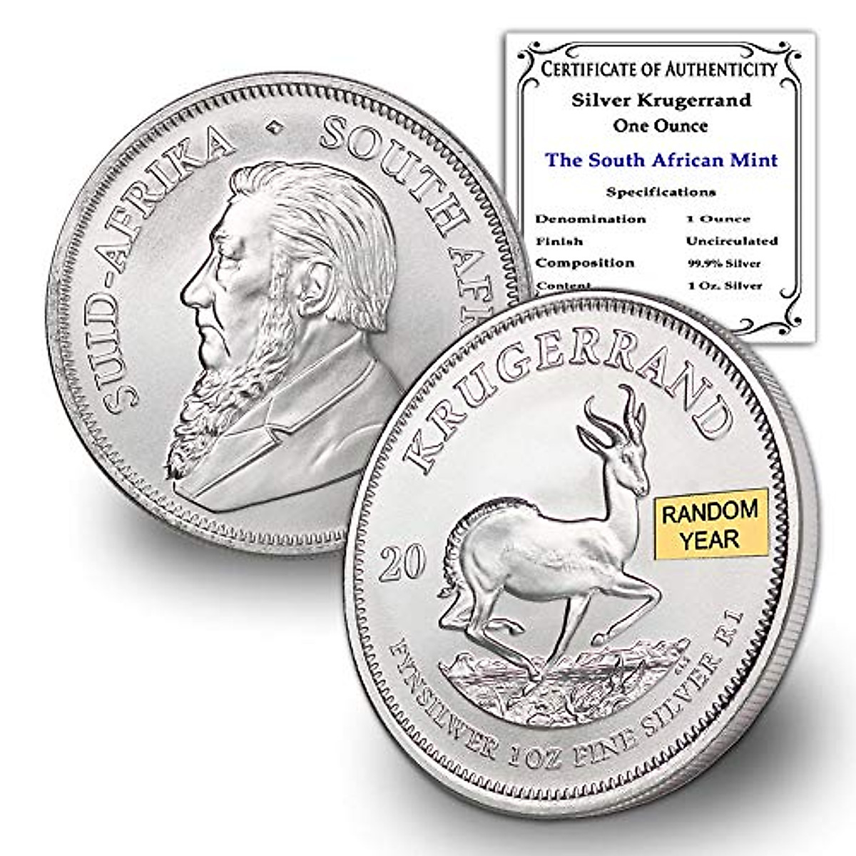 2017 - Present (Random Year) 1 oz South African Silver Krugerrand Coin Brilliant Uncirculated with a Certificate of Authenticity 1R BU