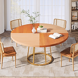 Tribesigns Round Dining Table for 4, 47 inch Kitchen Table Large Dinner Table with Circle Golden Metal Base Wood Grain Top for Home Kitchen Dining Room Living Room, Gold Maple(Only Table)