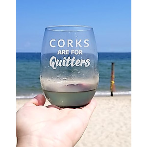 Lushy Wino - Corks Are For Quitters | 18oz. Etched Stemless Wine Glass: Dishwasher Safe Funny Wine Glasses For Women in Gift-Ready Box