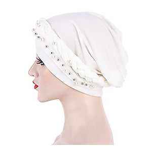 Fxhixiy Women Hijab Beading Pearl Braid Turban Hat Head Scarf Cancer Chemo Beanies Bandana Headwrap Cap (White)