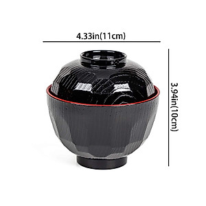 ASIAN HOME Japanese Rice and Soup Bowls With Lid, Black and Red, for rice, miso soup, 4.33" x 3.94", 8.4 oz. (4 Bowls)