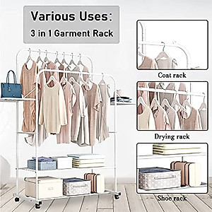 STONCEL Clothing Rack with Shelves, Portable Garment Rack on Wheel, Double Rails Rolling Clothes Rack for Hanging Clothes, 31.8 x 19.8 x 61.2 Inches (White)