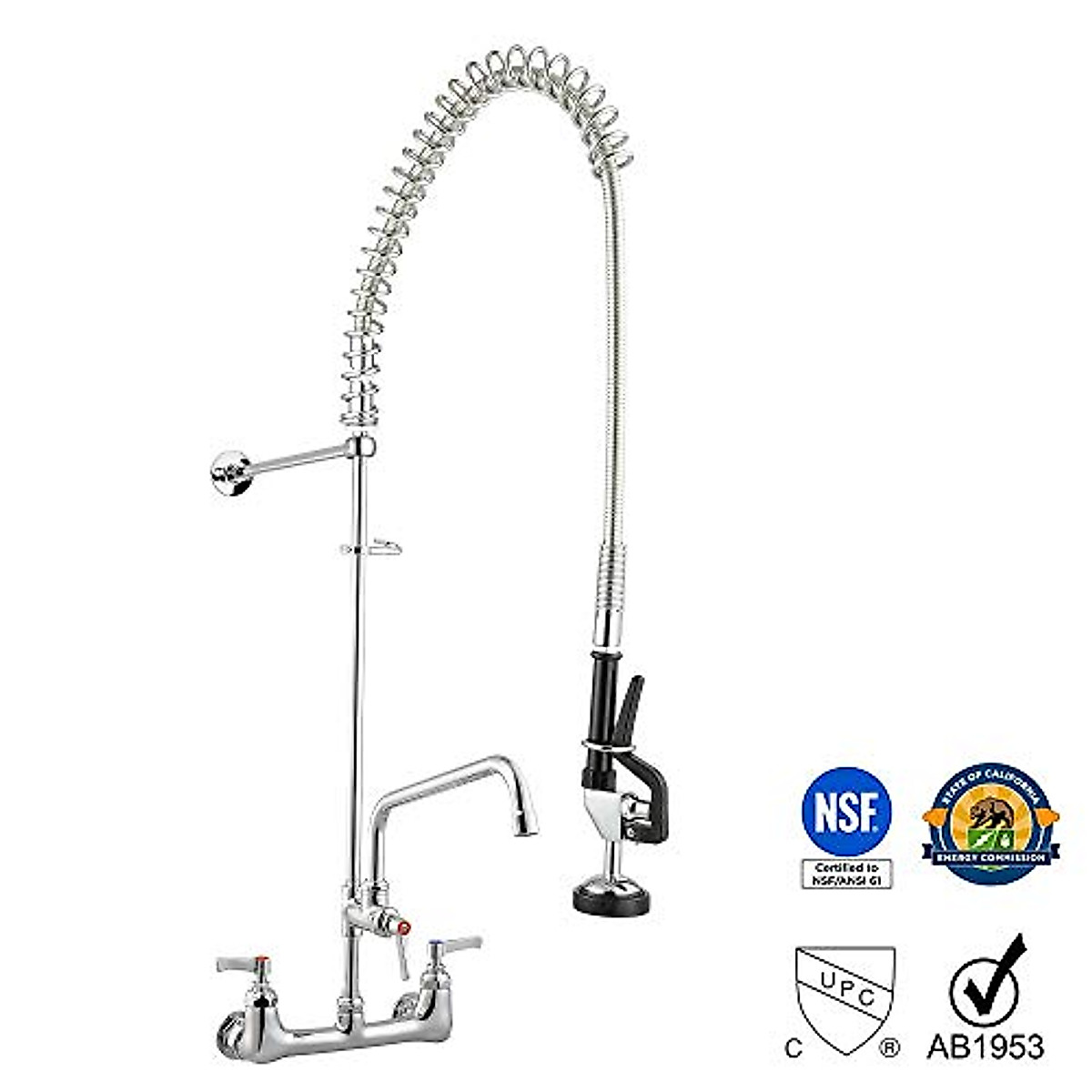 Aquaterior Upgraded Pre-Rinse Commercial Kitchen Faucet with Sprayer 44" Height Wall Mount Double Handle with Add-On 12" Rotatable Spout Pull Down for 2/3 Compartment Sink CUPC NSF CEC