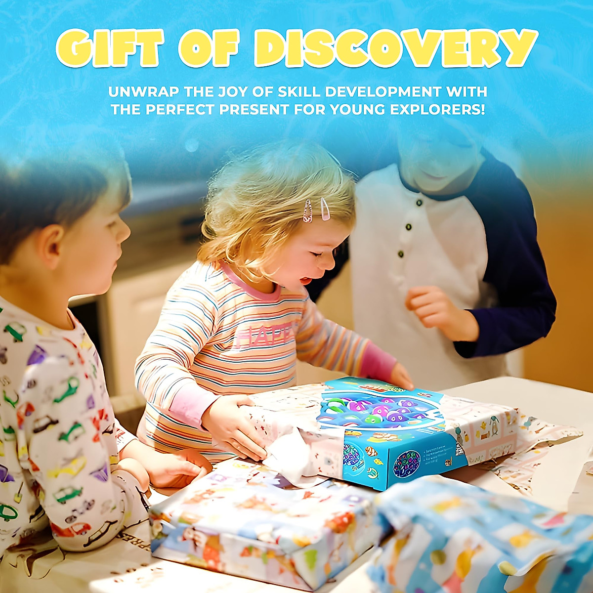 IPIDIPI TOYS Fishing Game for Kids, Hook Fishing Game for Toddlers - 21 Fish, 4 Poles Fishing Toy - Rotating Fish Board Game with Music, Educational, Fine Motor Skill Toys for Boys and Girls, Blue