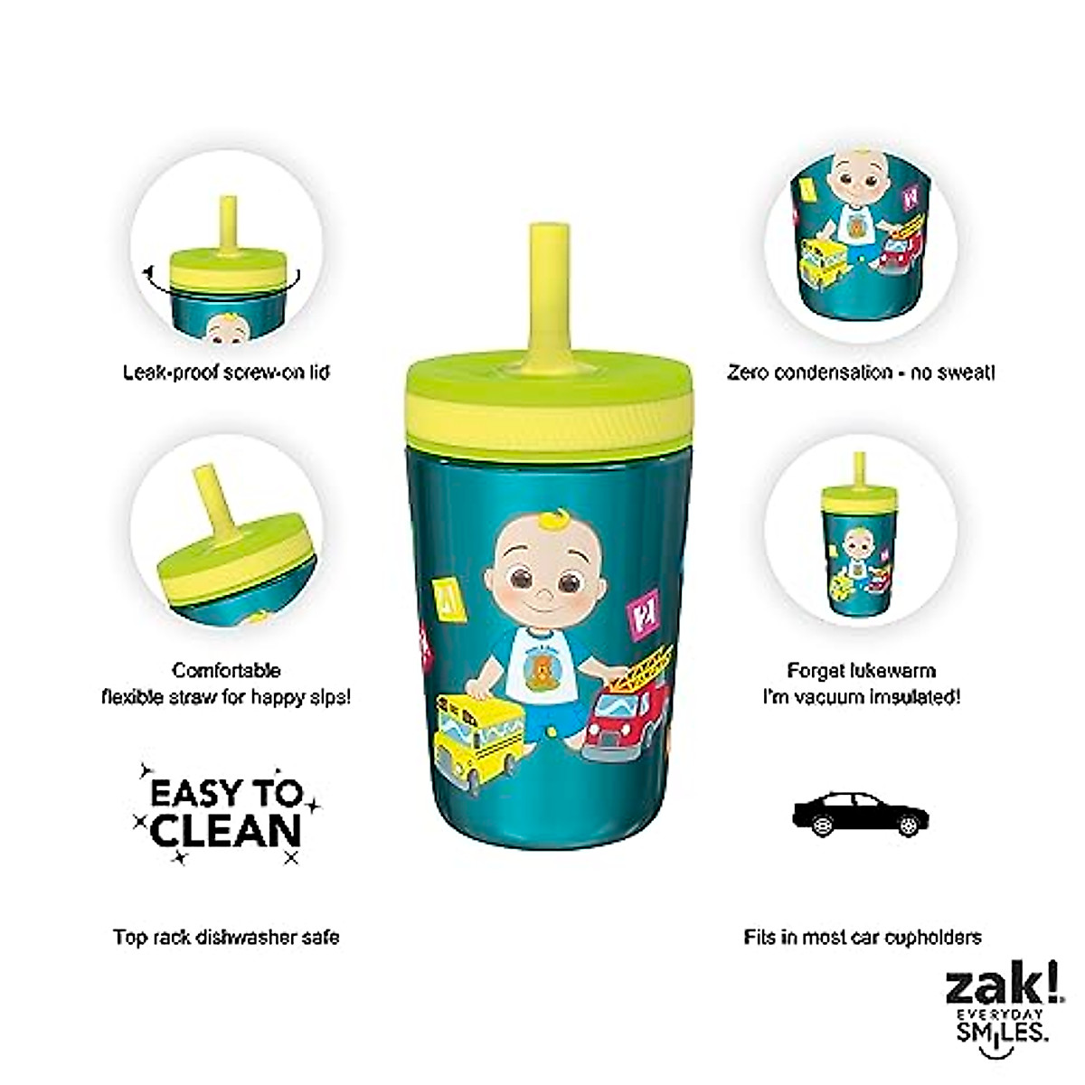 Zak Designs CoComelon Kelso Tumbler Set, Leak-Proof Screw-On Lid with Straw, Bundle for Kids Includes Plastic and Stainless Steel Cups with Bonus Sipper (3pc Set, Non-BPA), 15 fluid ounces