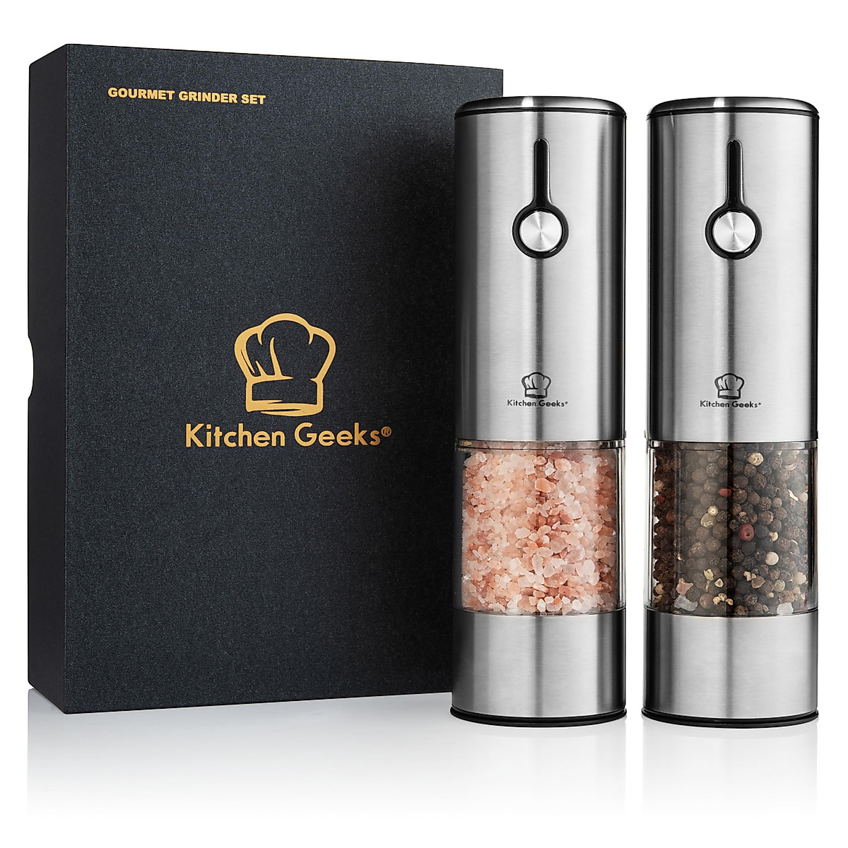 Kitchen Geeks Electric Grinder Set - USB Rechargeable Salt and Pepper Mill with Light, Easy to Refill, No Batteries Required, One Handed Automatic Grinding, Stainless Steel, and Adjustable Coarseness