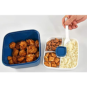 Home-X Section Lunch Box, Lunch Containers for Kids and Adults, Multi-Compartment Food Box, Salad Dressing Container, Spork, 6 ¾" L x 6 ¾" W x 4 ¾" H, Blue