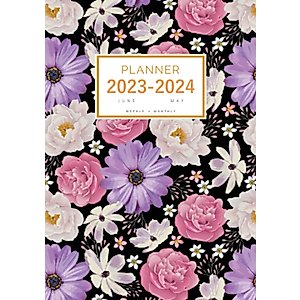 Planner 2023-2024: A5 Weekly and Monthly Organizer from June 2023 to May 2024 | Elegant Rose Peony Flower Design Black