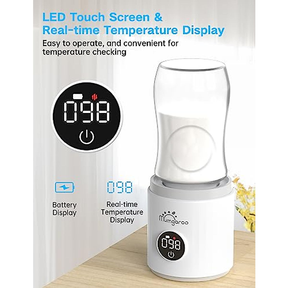 Bottle Warmer, Portable Bottle Warmer for Travel with 4 Adapters, LED Real-time Display & Rechargeable & Precise Temperature Control Travel Bottle Warmer for All Bottles for Breastmilk & Formula