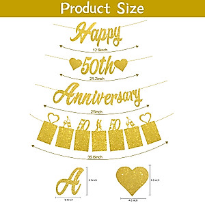 Pimvimcim Gold Glitter 50th Anniversary Banner Decorations, Happy 50th Wedding Anniversary Banner and Photo Banner Party Supplies, 50 Year Anniversary Party Picture Banner Decor