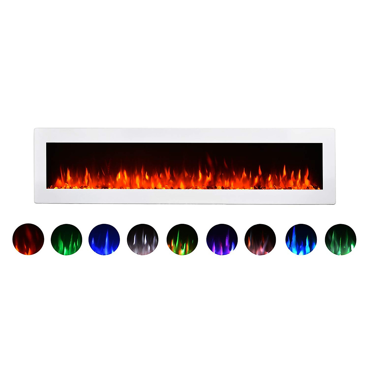 GMHome 50 Inches Wall Mounted Electric Fireplace Freestanding Heater Crystal Stone Flame Effect 9 Changeable Flame Color Fireplace, with Remote, 1500W – Metal Panel, White