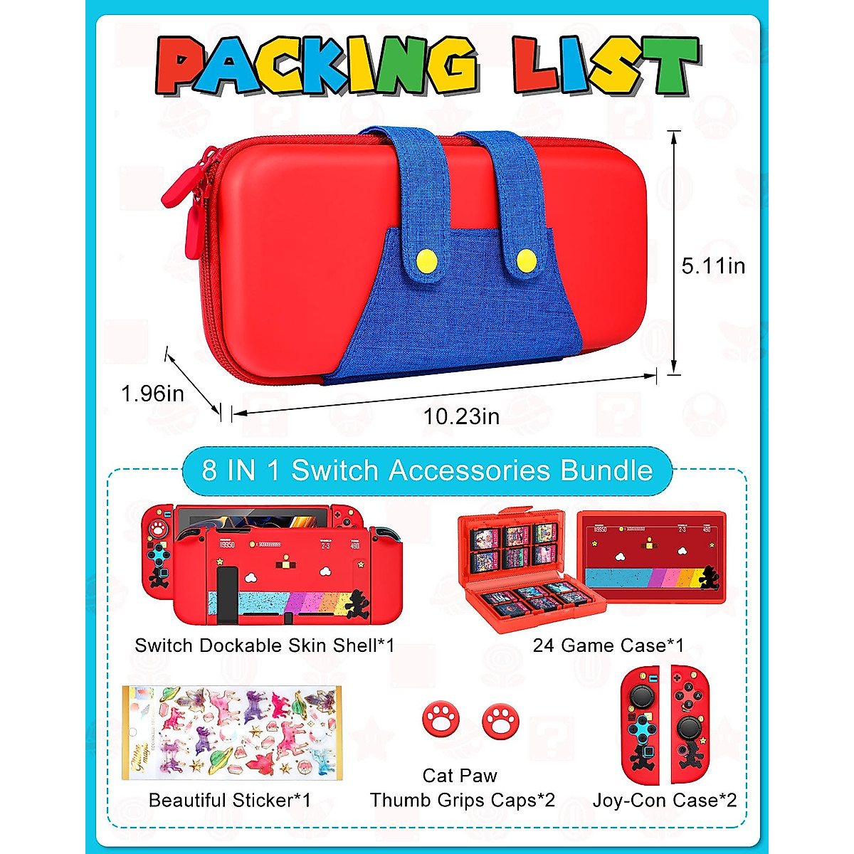 Gurgitat 8in1 Maro Switch Case for Nintendo Switch Carrying Cases & Storage Accessories Bundle Kit, Thumb Grips Button Caps+Game Card Holder+Dockable Cover Skin+Sticker for Switch Travel Pouch Bag