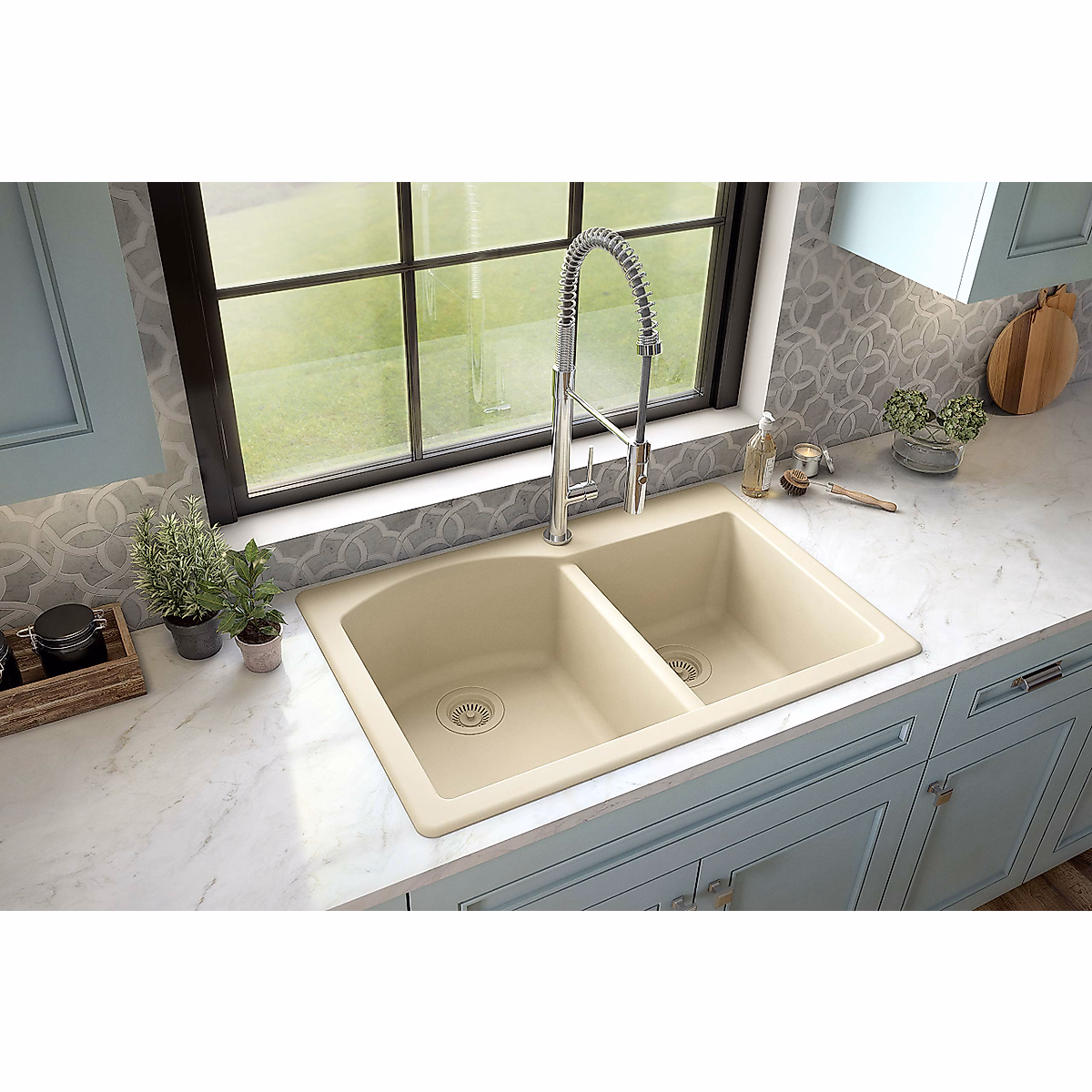 Karran QT-610 Drop-In Quartz Composite 33 in. 1-Hole 60/40 Double Bowl Kitchen Sink in Bisque