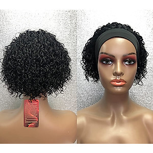 SWEETGIRL Curly Headband Wig Human Hair Wigs for Women Short Curly Bob Headband Wigs Ready to Wear and Go Glueless Wigs Curly Pixie Cut Half Wig 150% Density Natural Black 6 Inch