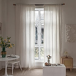 BCLBUSTE Boho Curtains Semi-Blackout Window Curtains 84 Inch 2 Pannels for Living Room, Linen Tassels Farmhouse Curtains with Embroidery for Bedroom Rod Pocket Draperies 52" W x 84"