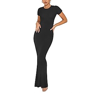 REORIA Women's Summer Sexy Casual Lounge Long Dress Elegant Wedding Guest Short Sleeve Crew Neck Bodycon Maxi Dresses Black Large