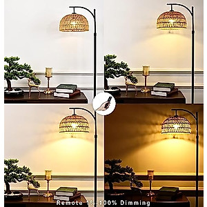 QIYIZM Floor Lamp for Living Room Bedroom Farmhouse Rattan Standing Lamp with Control,Wicker Black Industrial Dimmable Floor Light Rustic Adjustable Tall Lamp,Boho Bamboo Lamp Shade Floor Lamps