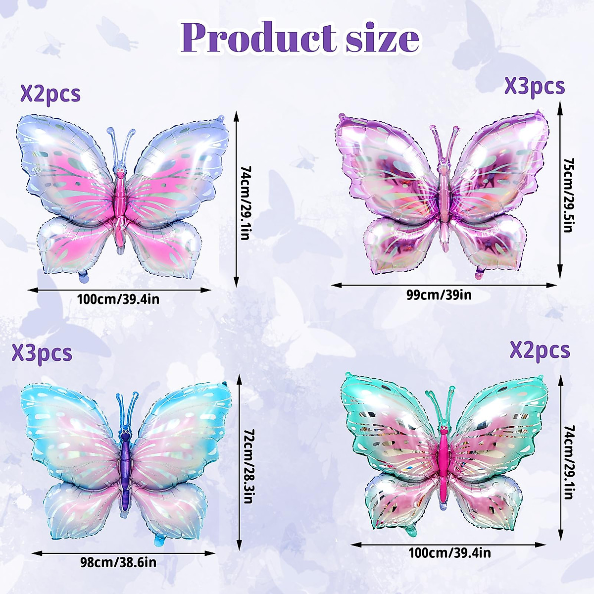 10 PCS Butterfly Balloons, Gradient Giant Butterfly Foil Mylar Balloon Butterfly Birthday Decorations for Butterfly Theme Birthday Party Wedding Supplies (Pink Purple, Green,Blue)