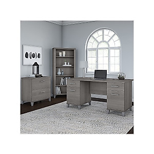 Bush Furniture Somerset 60W Office Desk with Lateral File Cabinet and 5 Shelf Bookcase in Platinum Gray
