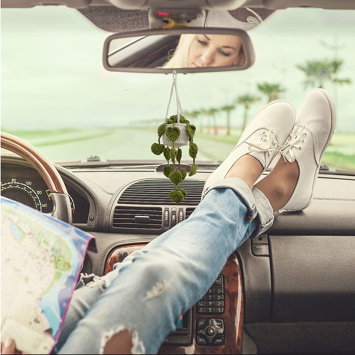 GLACIART ONE Plant Car Interior Hanging Ornament| Funny & Fuzzy Wool Crochet Plant Rear View Mirror Accessories| Great as Decoration, Party Favors & Gifts