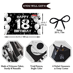 PHXEY 18th Birthday Decoration for Men Women, Fabric Happy 18th Birthday Backdrop Banner Black White, 18 Year Old Birthday Party Yard Sign Photo Booth Props Decor Supplies for Boys Girls