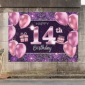 PAKBOOM Happy 14th Birthday Banner Backdrop - 14 Birthday Party Decorations Supplies for Girl - Pink Purple Gold 4 x 6ft