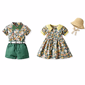 FAXSON Summer Brother and Sister Matching Outfits Toddler Boys Gentleman Suits Infant Girls Dresses(Green-girl,110/4T)