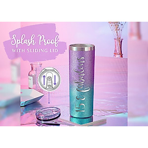 Quinceanera Gifts, 15 Year Old Girl Gifts for Birthday, 15th Birthday Gifts for Girls, Female, Her - 20oz/590ml Stainless Steel Insulated Tumbler with Straw, Lid - 15 & Fabulous Glitter Purple Blue