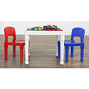 Humble Crew, White/Blue/Red Kids 2-in-1 Plastic Building Blocks-Compatible Activity Table and 2 Chairs Set, Square, Toddler