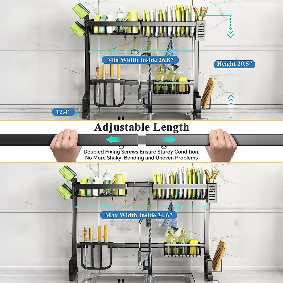 Dish Drying Rack, Over The Sink Dish Drying Rack Length Adjustable (From 33.8" to 41.5"), 2 Tier Large Dish Rack with Cup Holder Utensil Holder Caddy, Kitchen Counter Dish Drainer Organizer, Black