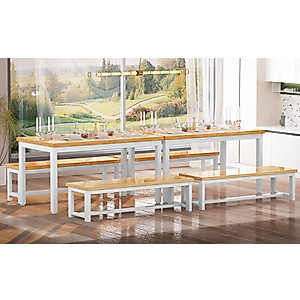 AWQM 43.3" Dining Table Set for 4, Kitchen Dining Table with 2 Benches, Dining Room Table Set with Metal Frame & Thickened Board for Kitchen, Restaurant, Oak