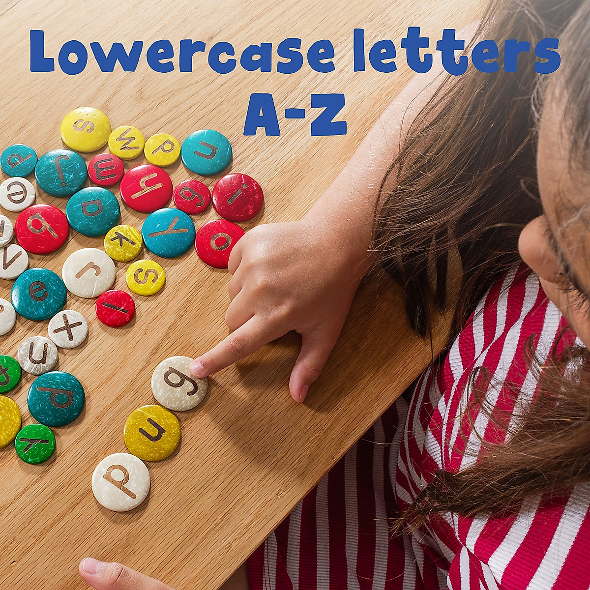 READY 2 LEARN Coconut Letters - Lowercase - Set of 52 - Natural, Hand Made Counters for Kids - Use for Crafts and Spelling Activities