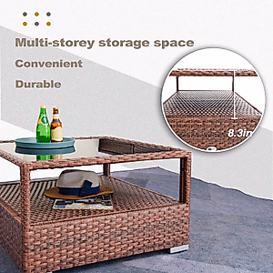 DIMAR GARDEN Outdoor Coffee Table Wicker Patio Rattan Side Table with Glass Top and Storage Shelf,29.5in Mixed Brown