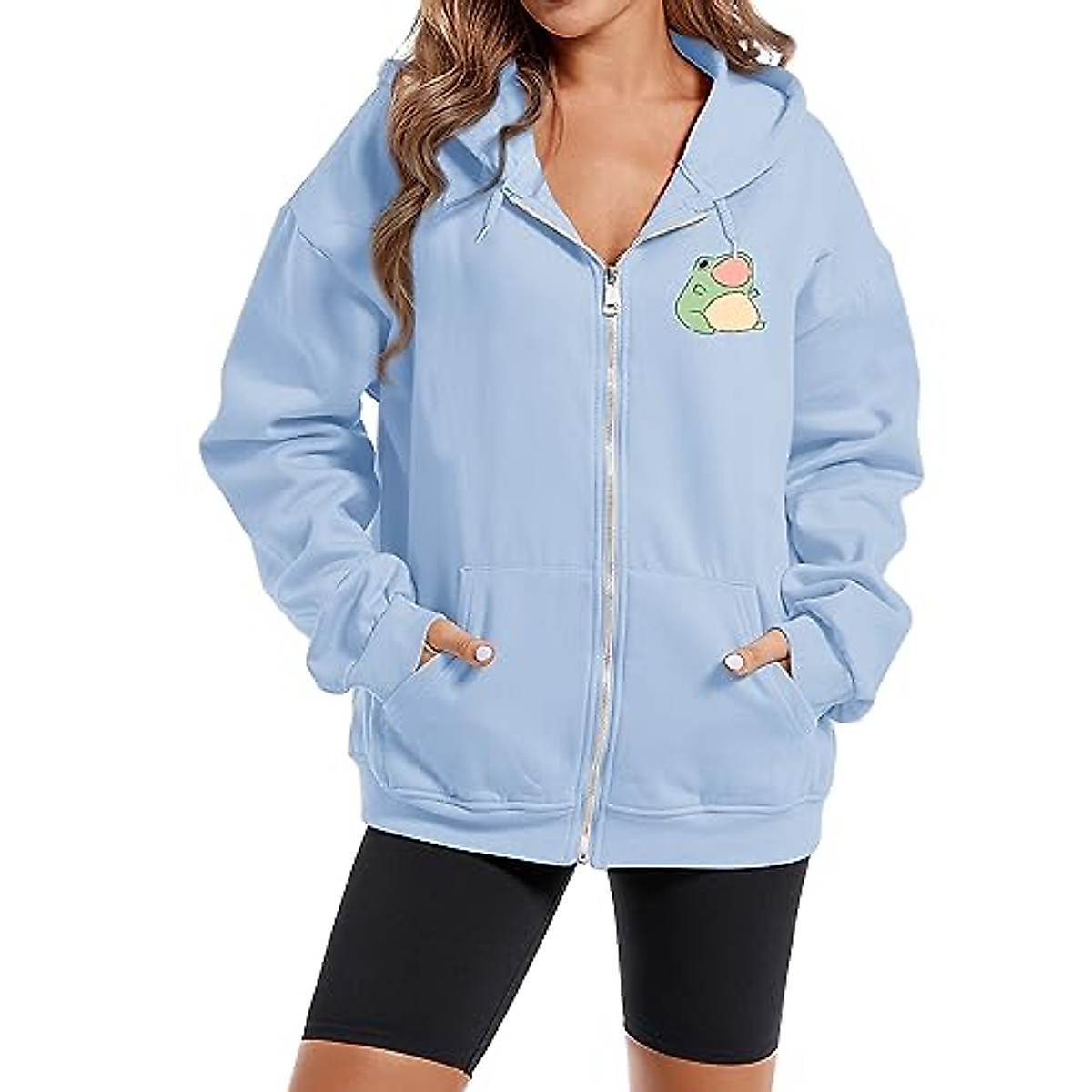 KEEVICI Cute Frog Zip Up Hoodie For Teen Girls Hooded Zipper Sweatshirt Kawaii Animal Cotton Aesthetic Jacket With Pockets(Light Blue,M)