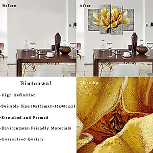 Biuteawal - 4 Panel Floral Wall Art Elegant Yellow Flower on Abstract Background Painting Canvas Print Still Life Artwork for Modern Home Kitchen Living Room Bedroom Wall Decoration Easy Hanging