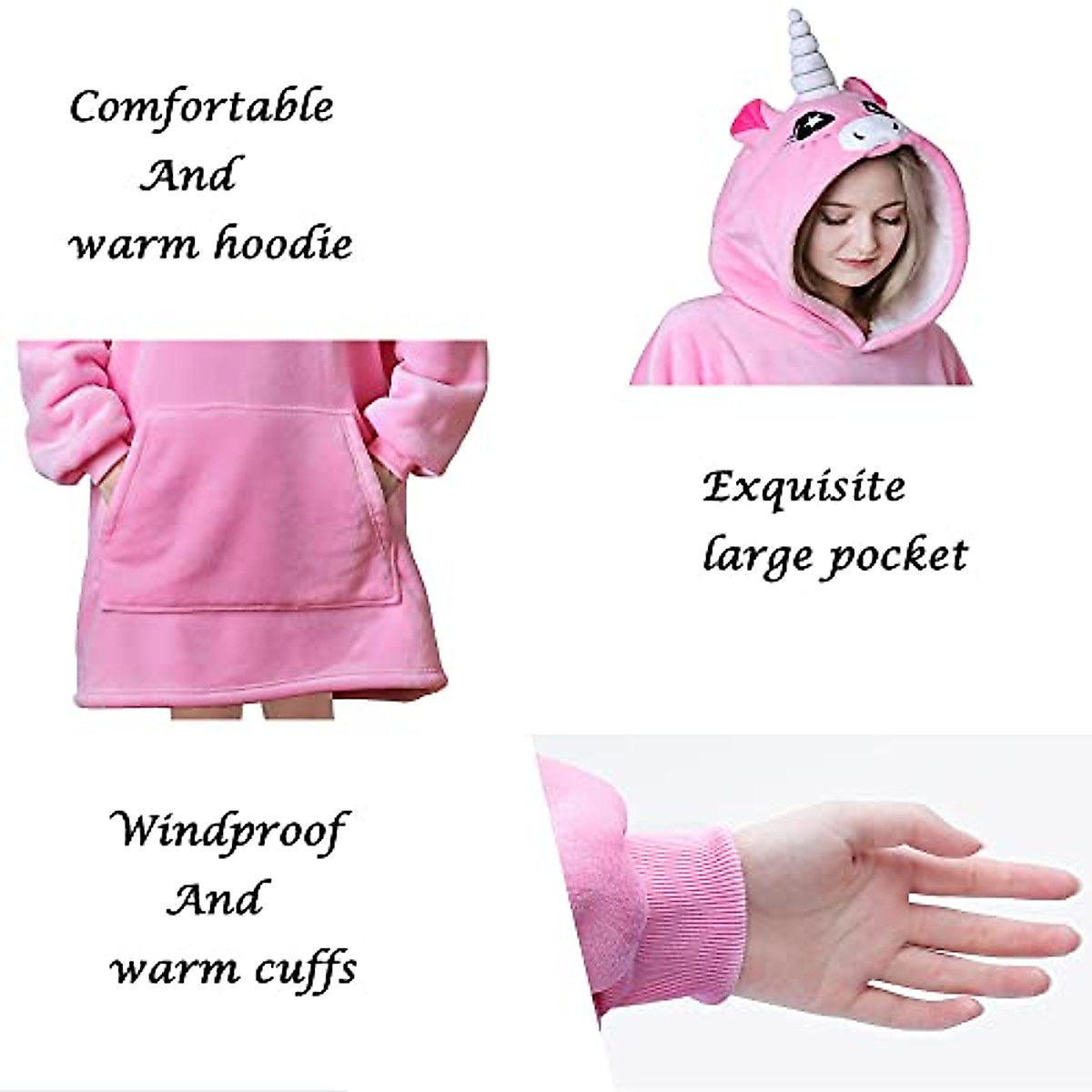 Queenshin Pink Unicorn Oversized Hoodie Wearable Blanket for Womens Girls, Kawaii Adults Comfy Sherpa Hoody Sweatshirt Robe with Ears, One Size