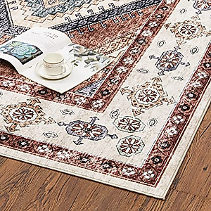Area Rug Living Room Rugs - 9x12 Large Machine Washable Boho Carpets Vintage Persian Tribal Anti Slip Backing Thin Carpet for Under Dining Table Bedroom Farmhouse Home Office Red