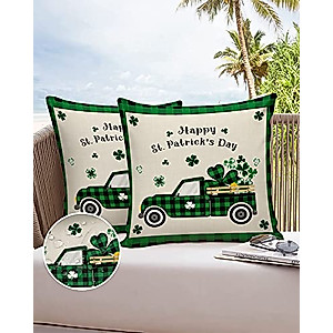 Outdoor Pillows 16x16 Waterproof Outdoor Pillow Covers, St Patrick's Day Shamrock Truck Polyester Throw Pillow Covers Garden Cushion Decorative Case for Patio Couch Decoration Set of 2, Spring Clovers