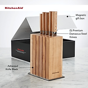 KitchenAid 6-Piece Ashwood Knife Block Set | Premium Damascus Steel Blades | Pakkawood Handles | Space-Saving Design | Includes Chef, Santoku, Slicing, Utility & Paring Knives | Kitchen Knife Set