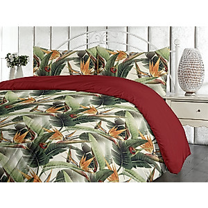 Ambesonne Exotic Duvet Cover Set, Bird of Paradise Flowers Tropical Design Pattern Vintage Hawaiian Style, Reversible 3 Piece Bedding Set with 2 Pillow Shams, Queen, Marigold Green