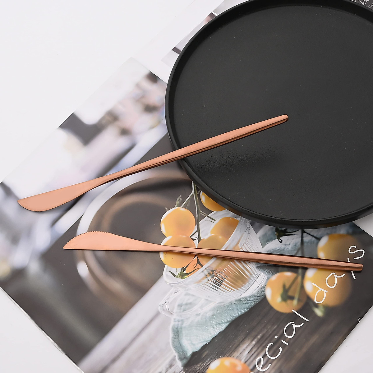 24 PCS Hanging Silverware Sets with Holder, Uniturcky Rose Gold Stainless Steel Eating Utensils Set with Flatware Rack, 6 x Dinner Fork, 6 x Table Knife, 6 x Soup Spoon, 6 x Teaspoon, 1 x Cutlery Rack