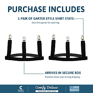 Adjustable Shirt Garters with Locking, Non-Slip Clips (2-Pairs) For Men And Women By Comfy Deluxe - Elastic Shirt Stays With Clip, Easy To Wear & Keep Shirts Tucked In, For All Types Of Shirts