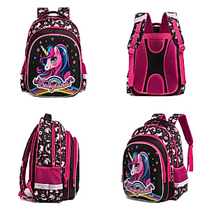 Tanou 2022 Kids Backpacks for Girls, 16'' Lightweight Breathable School Backpack, Cute Bookbags with Reflective Strip for Children 5-12 Years, Black Unicorn