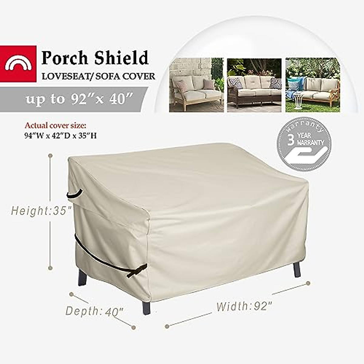 Porch Shield 600D Waterproof Outdoor Deep Seat Sofa Cover –Patio Furniture Couch Cover 92W x 40D x 35H inch, Beige