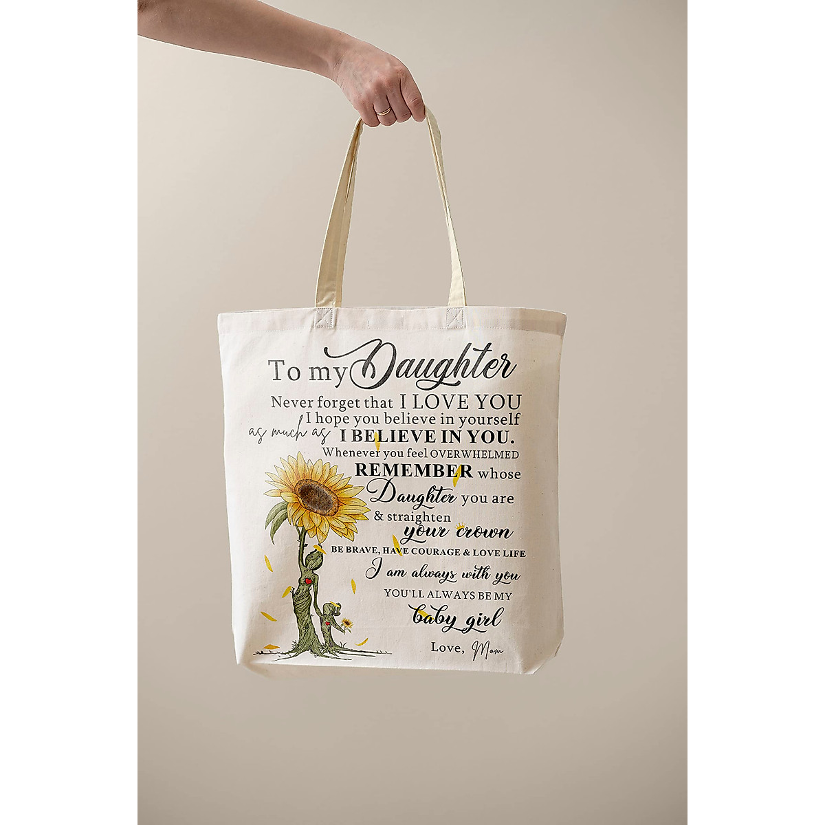 CHONG SHENG Gift for Daughter from Mom Daughter Birthday Inspirational Gifts for Daughter Graduation Christmas, Canvas Tote Bag with Pocket, Reusable Shopping Grocery Bag for Shopping Travel