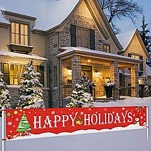 Large Happy Holidays Banner Outdoor | Red Christmas Banner Decorations | Xmas Party Supplies Outdoor & Indoor Decor (8.2 x 1.5 FT)