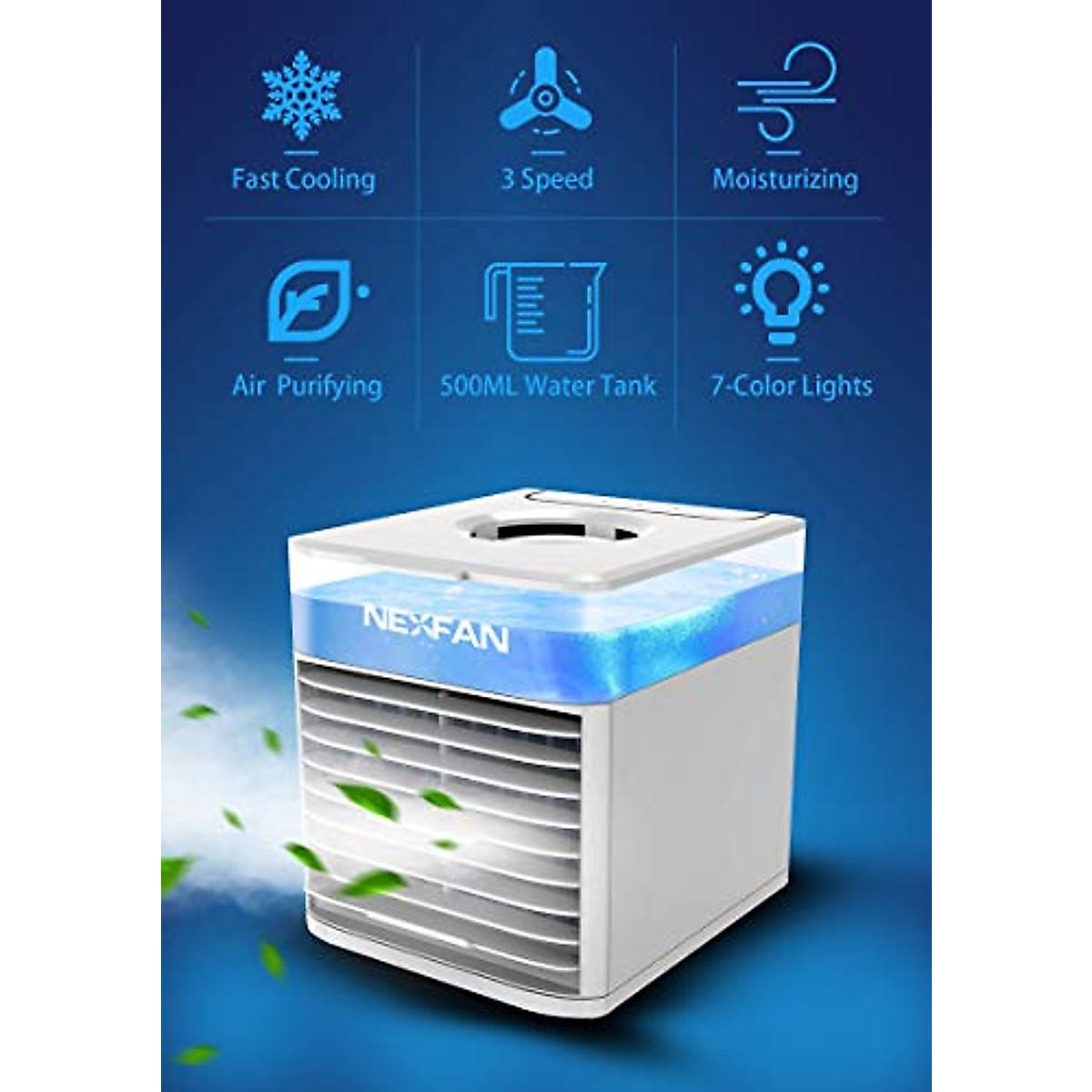 Portable Air Conditioner Fan, Mini Personal Air Cooler Fan with 3 Speed Mode, and USB Input & 7 Colors Night Light, Small Humidifier Air Cooler Desk Table Fan for Home, Office and Room